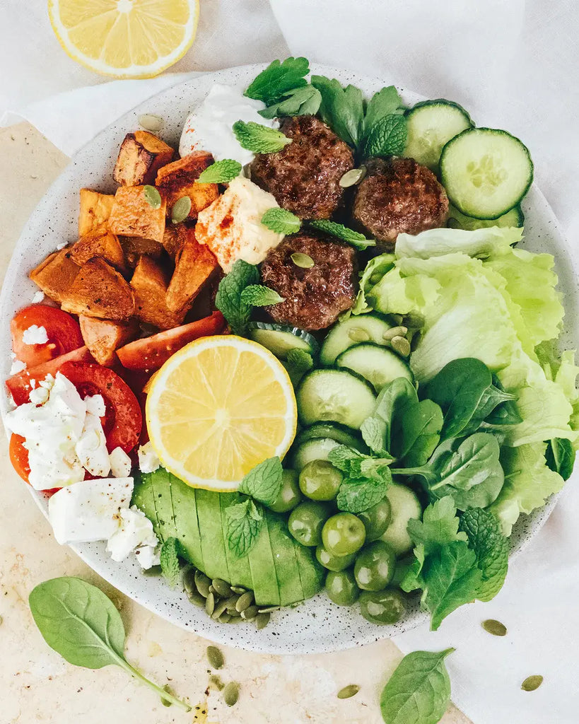 Mediterranean Plate with Greek Style Meatballs – Nutra Organics